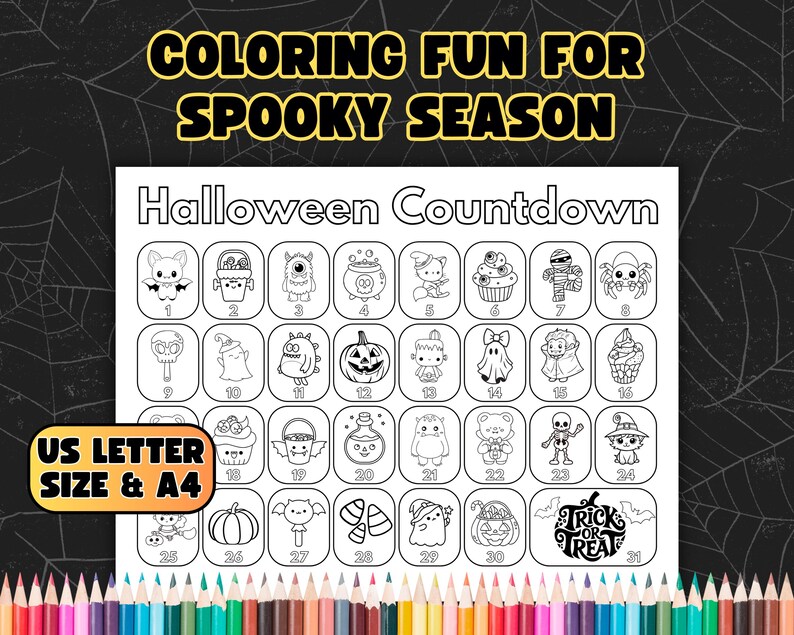 Halloween Countdown Activity Printable: Coloring Sheet US Letter & A4 ...