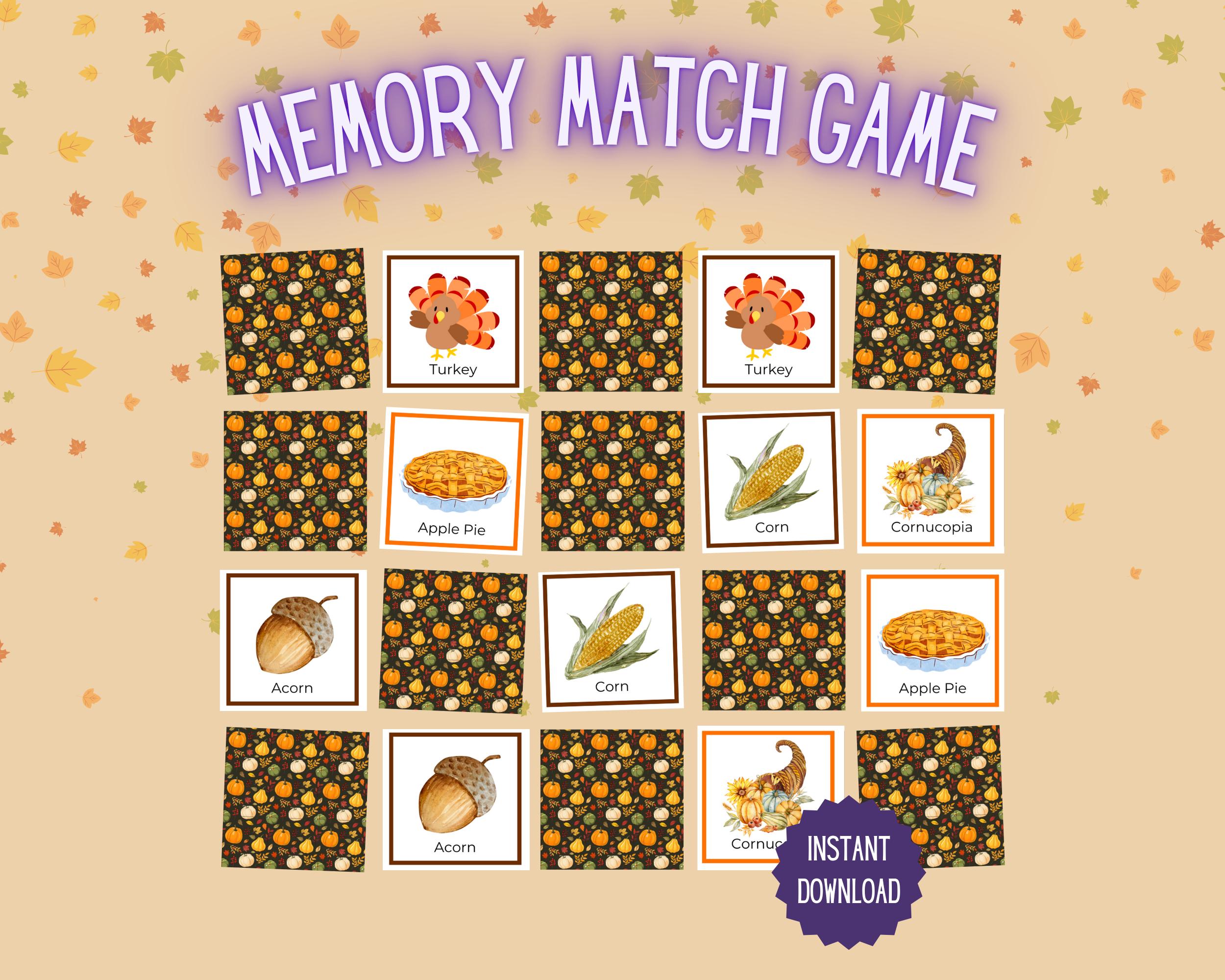 Thanksgiving Memory Match Game: Printable Activity for Toddlers (PDF ...