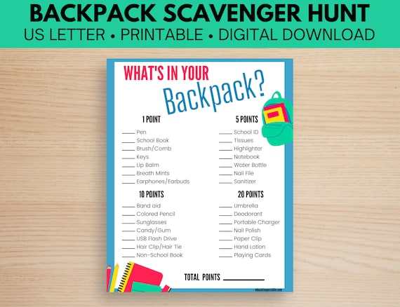 Backpack Scavenger Hunt Printable Games Fun Activity for | Etsy