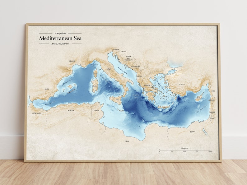 Mediterranean Sea Map Print: Bathymetry & Topography Art - Etsy