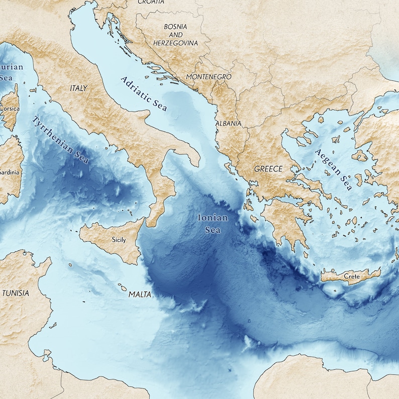 Mediterranean Sea Map Print: Bathymetry & Topography Art - Etsy
