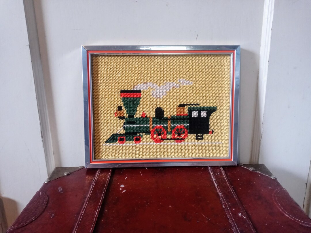 Vintage Framed Knit Train Picture Nursery Bedroom Kitsch Wall Hanging ...