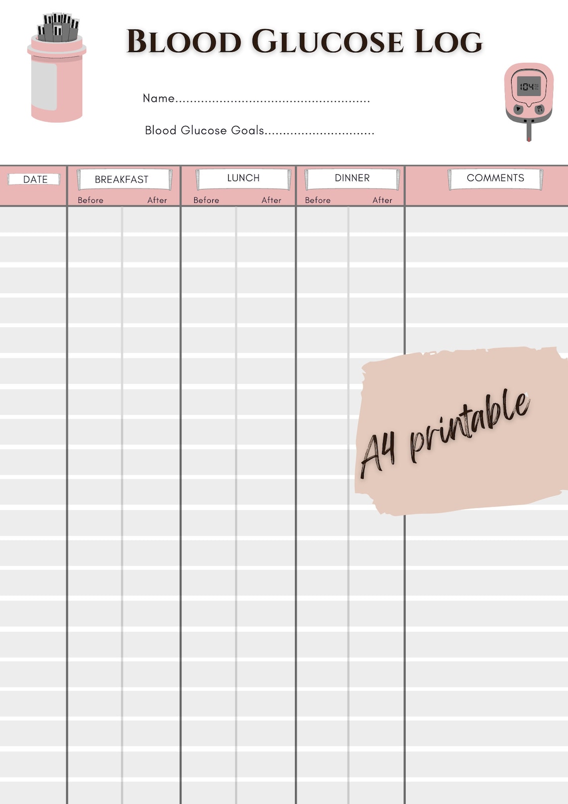Blood Glucose Monitoring Log |A4 PDF Printable Blood Sugar Reading ...