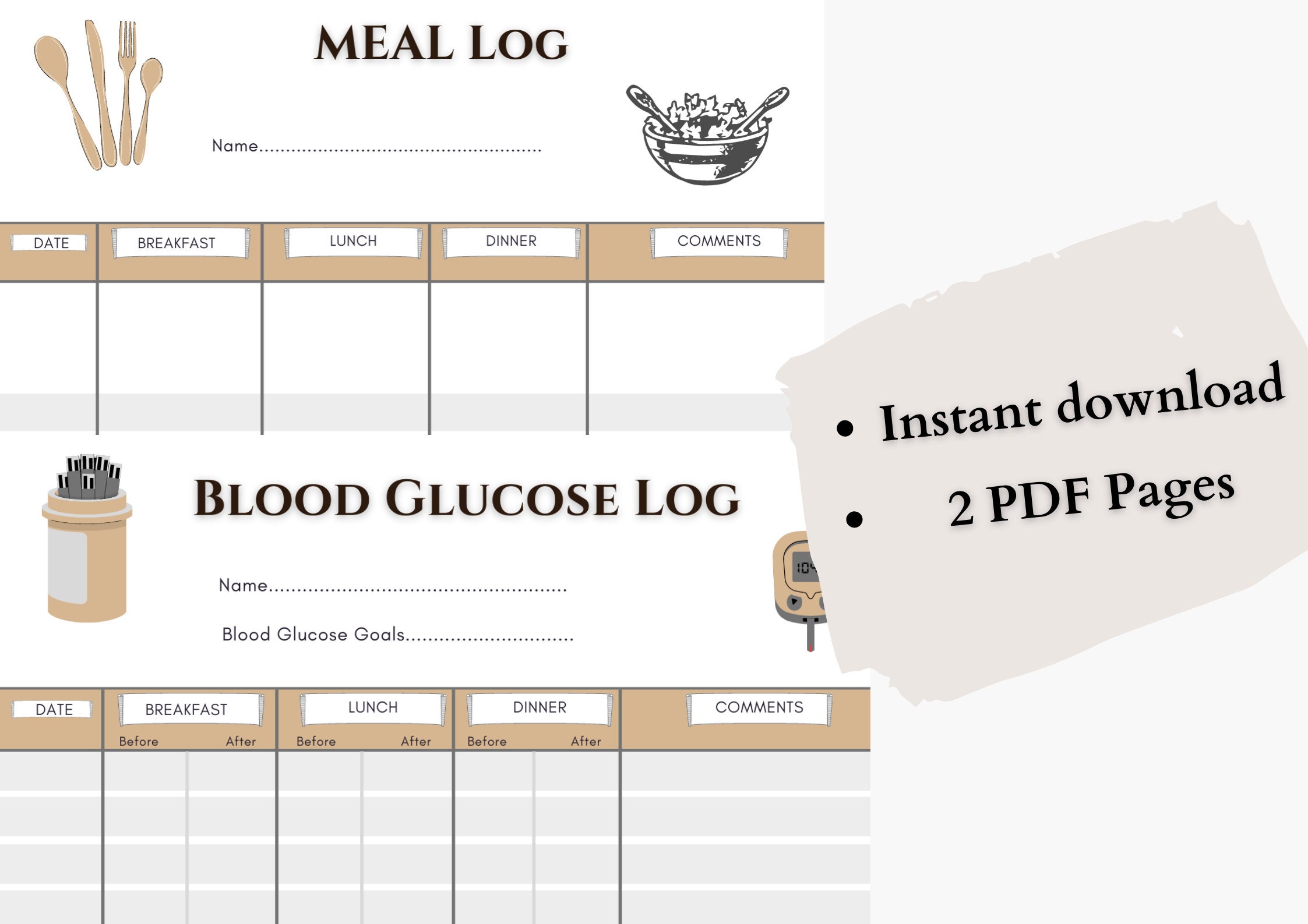 Blood Glucose Monitoring & Food Log Sheet *printable A4 PDF* Blood ...