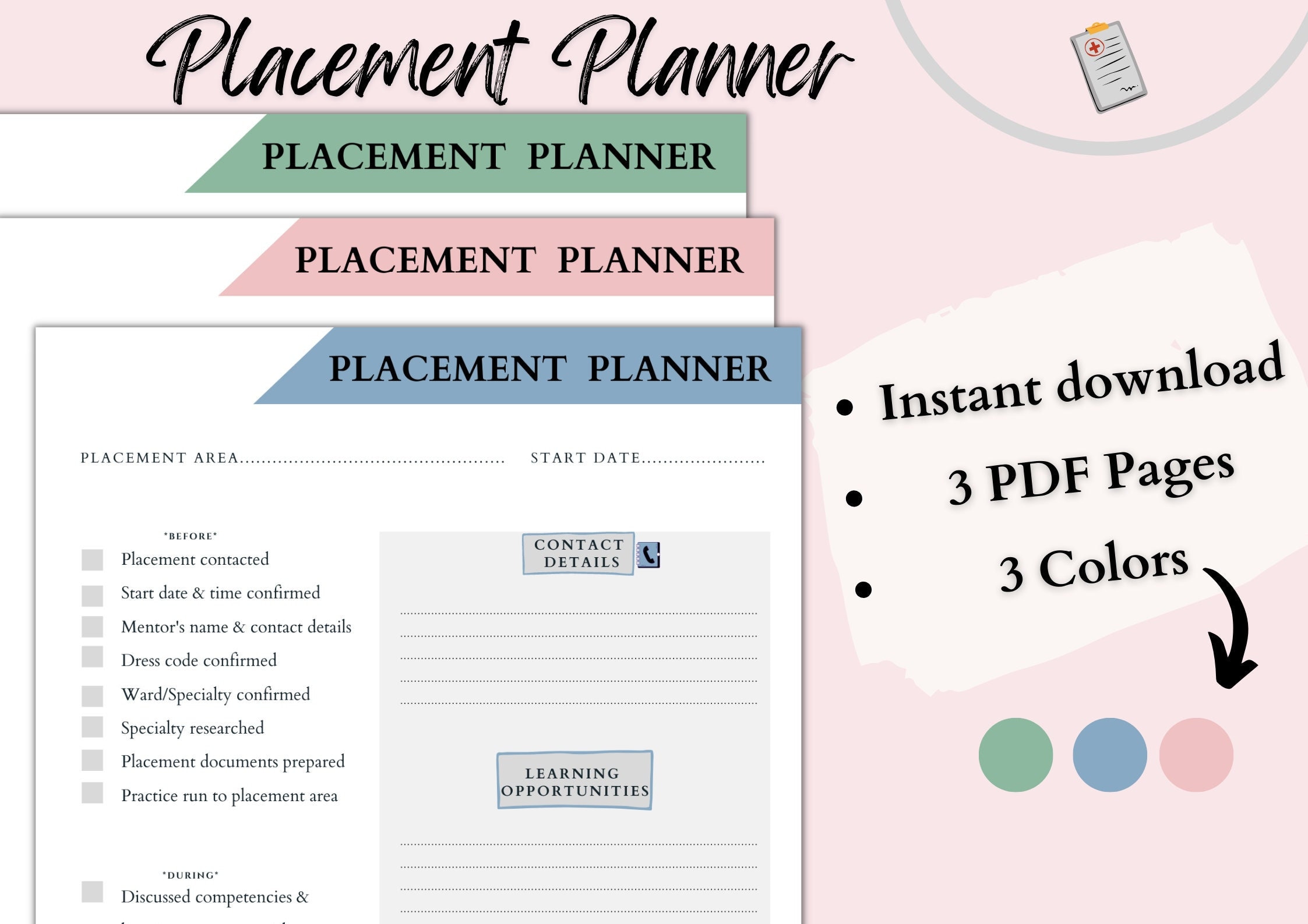 Nursing Student PLACEMENT PLANNER - Clinical Placement Organiser Sheet ...