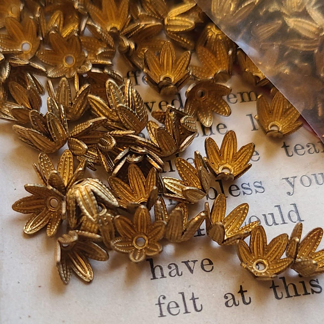 Miriam Haskell Old Dead Stock Brass Bead Caps, 6 Fluted Petal Bead Caps ...