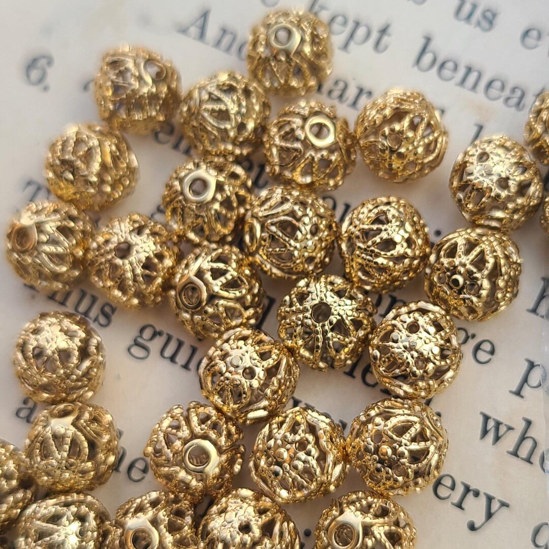 Superior Vintage Gold Plate Filigree Beads, New Old Stock, Round Hollow ...