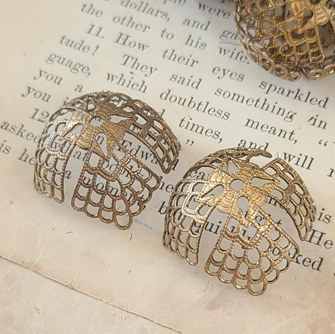Large Vintage Brass Bead Cap, PAIR, Fancy Lace Open Work Filigree Bead ...