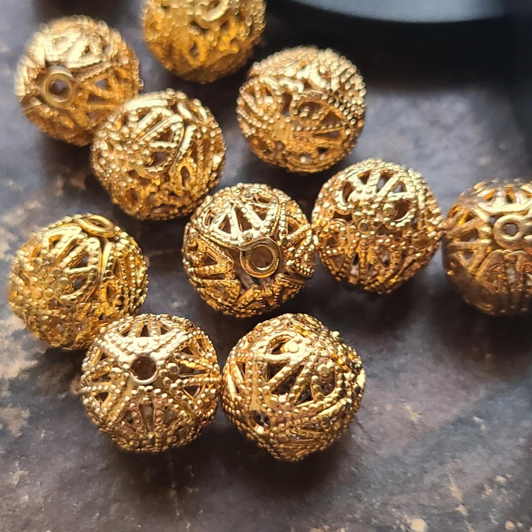 Superior Vintage Gold Plate Filigree Beads, New Old Stock, Round Hollow ...