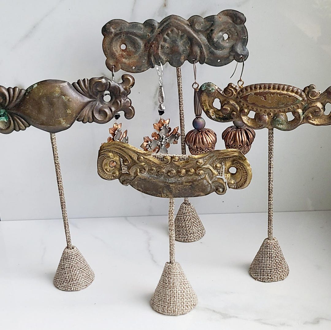 4 Piece Rustic Chic Jewelry Display Stand, Earring Stand ~ Vintage Aged ...