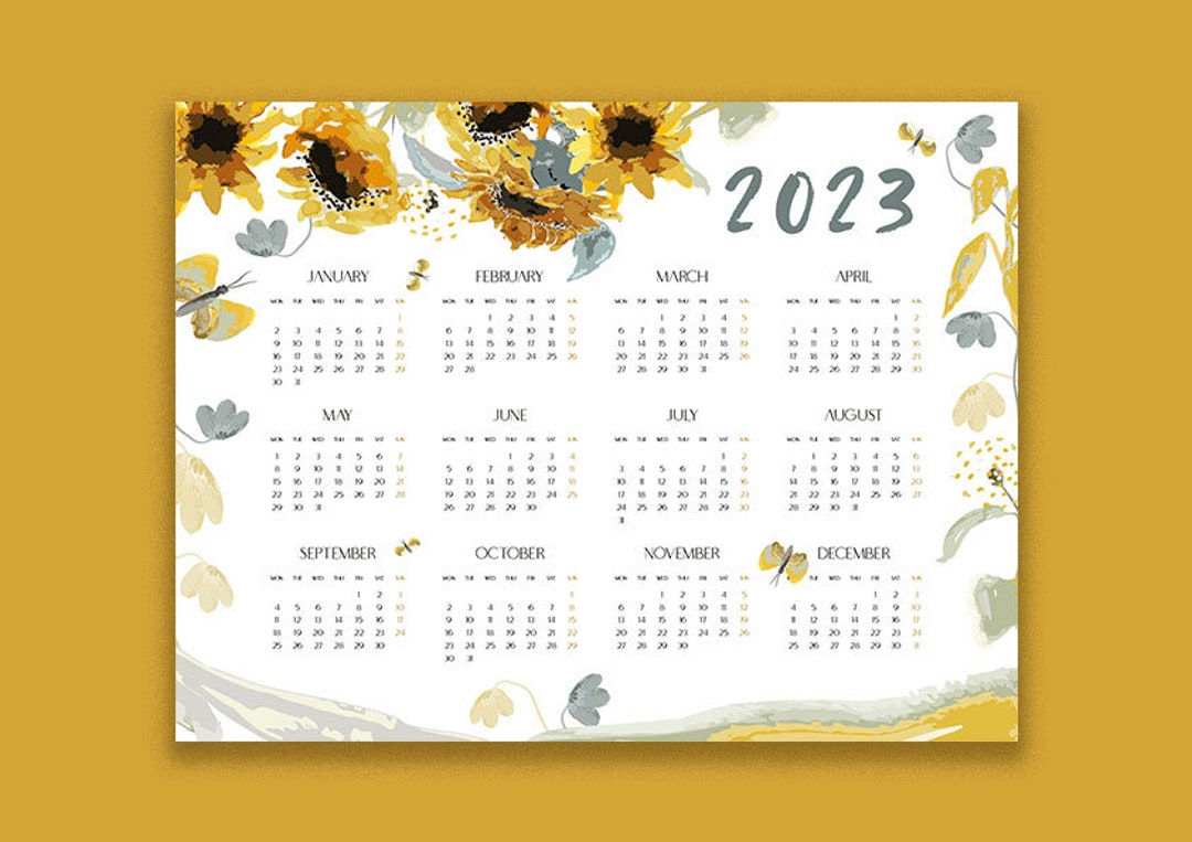 Printable 2023 Watercolor Sunflower Wall Calendar Watercolor Flower ...