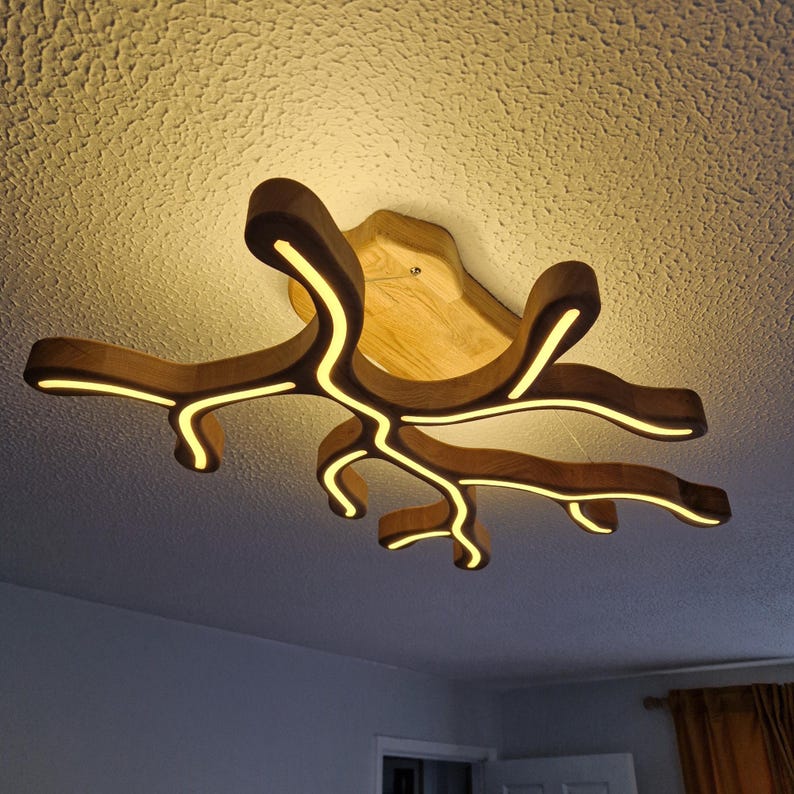 Wooden LED Ceiling Light Fixture, Direct Indirect Flush Mount Pendant ...