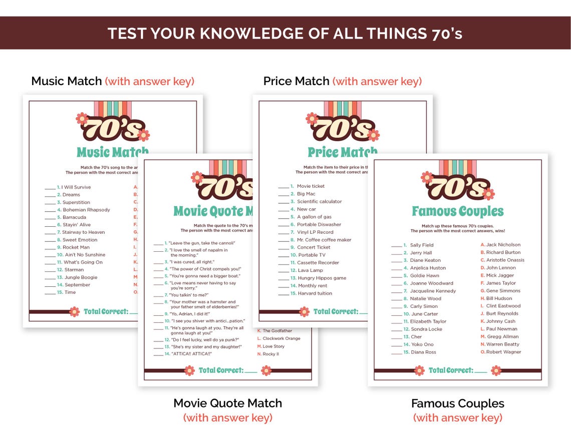 70s Party Games, Printable Games Bundle for a Retro 70s Theme Party ...