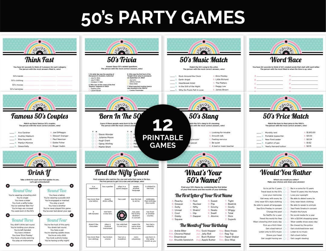 50s Party Games, Printable Games Bundle for a 50s Themed Party, Back to ...