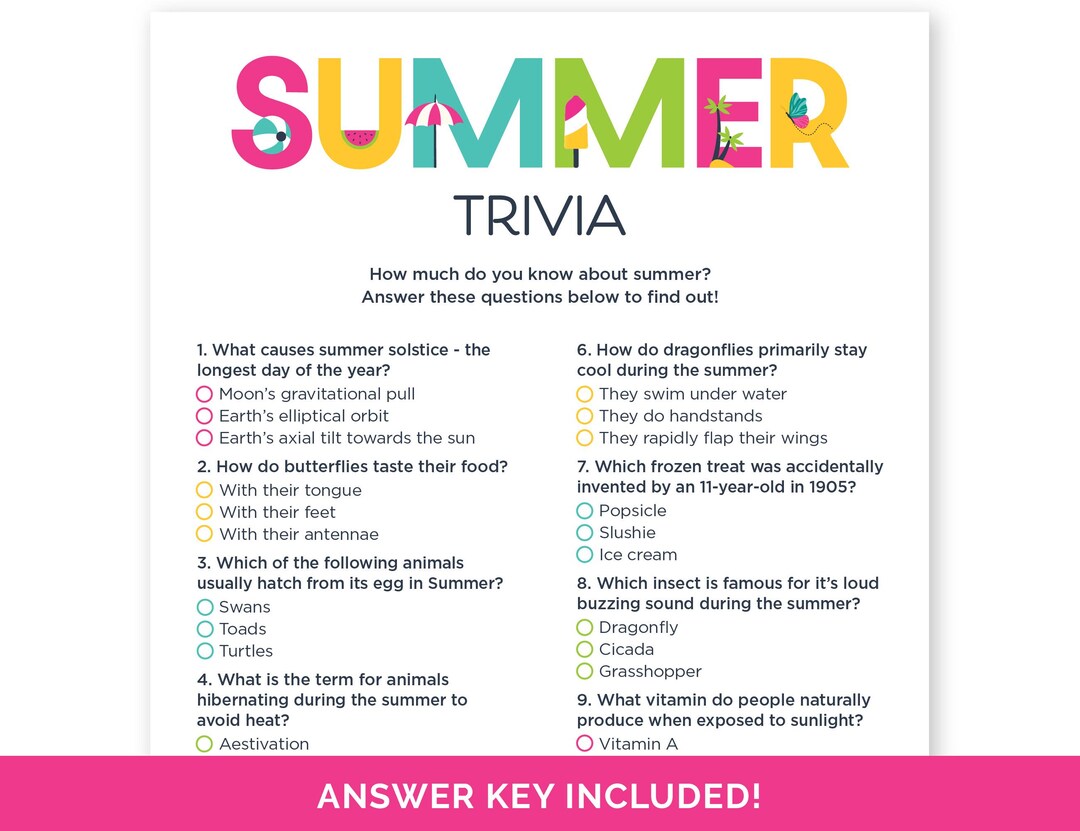 Summer Trivia Game, Summer Quiz for a Pool Party, Educational Summer ...