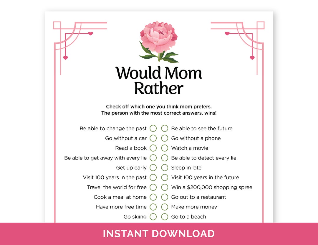 Mother's Day Would She Rather, Printable Would Mom Rather Game for ...