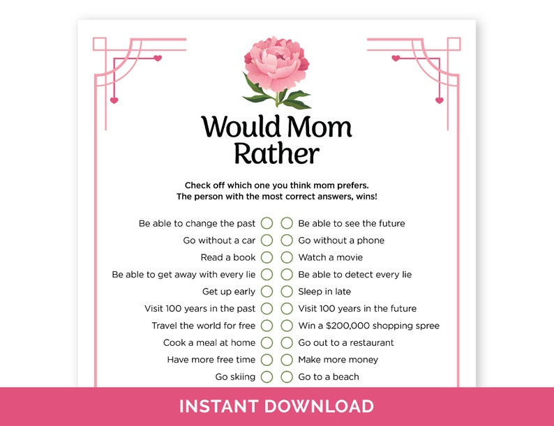 Mother's Day Would She Rather, Printable Would Mom Rather Game for ...