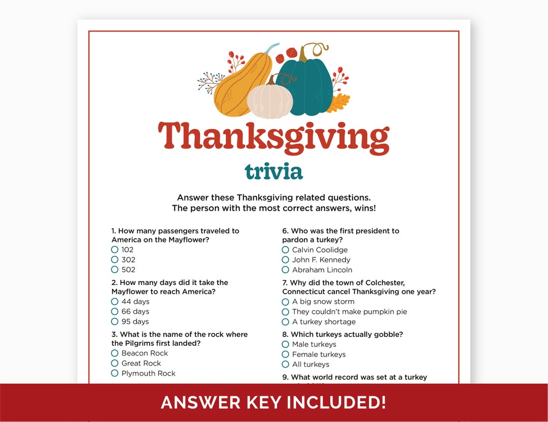 Thanksgiving Trivia Game, Printable Thanksgiving Quiz With Answers ...