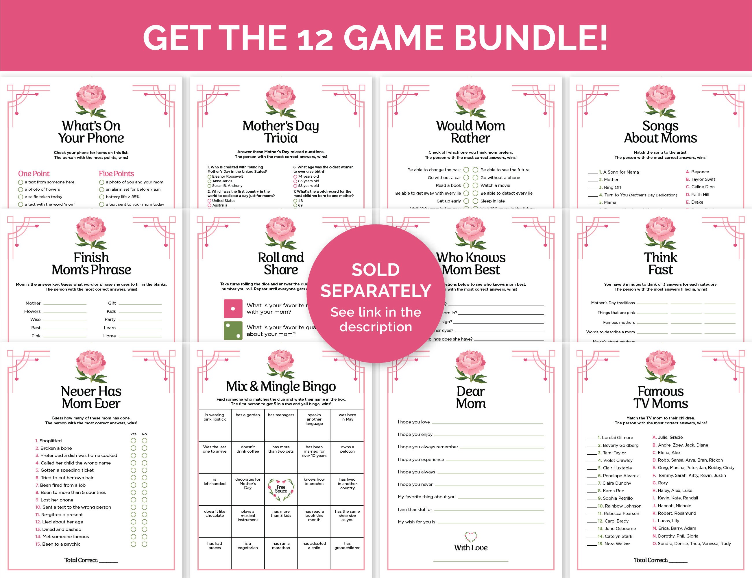 Mother's Day Trivia Games Bundle, Printable Mothers Day Trivia, Famous ...