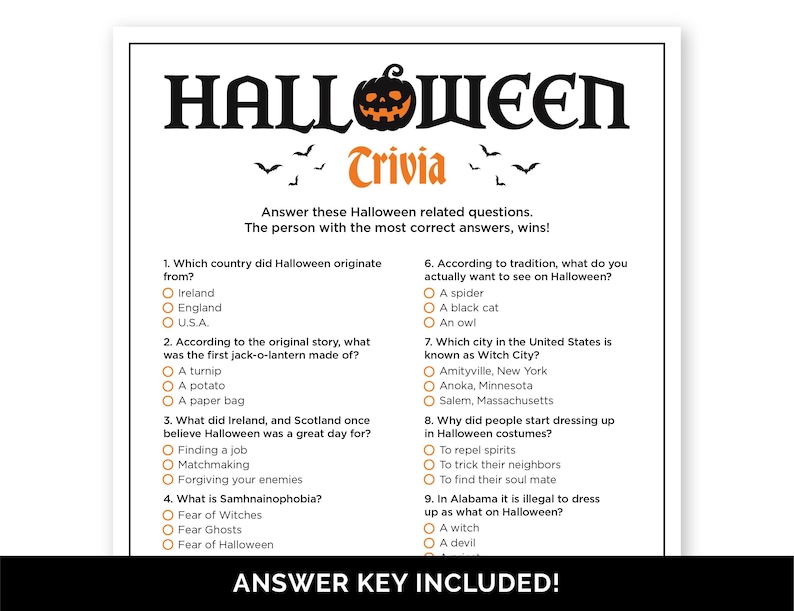 Halloween Trivia Game, Printable Quiz With Answers for a Family, Office ...