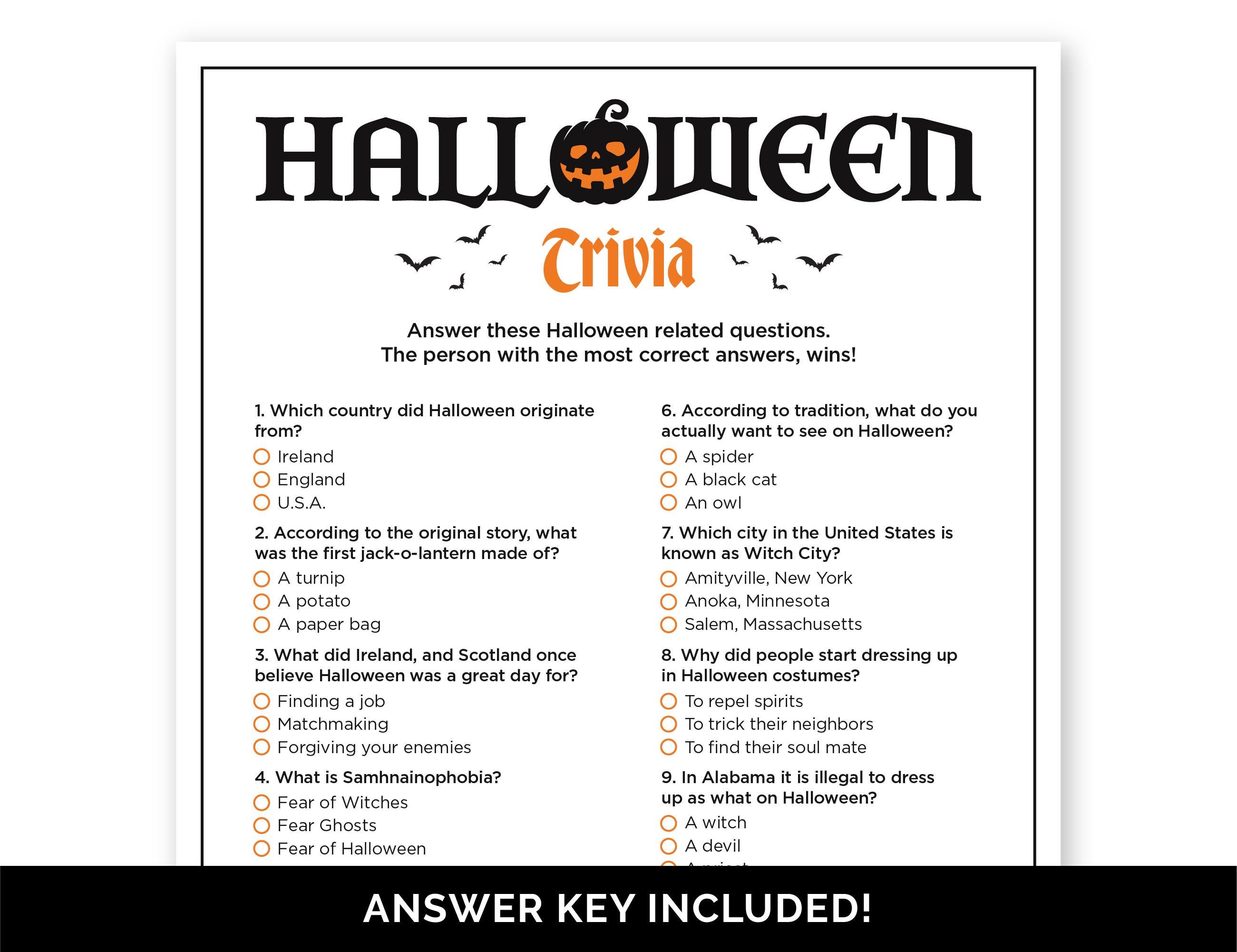 Halloween Trivia Game, Printable Quiz With Answers for a Family, Office ...
