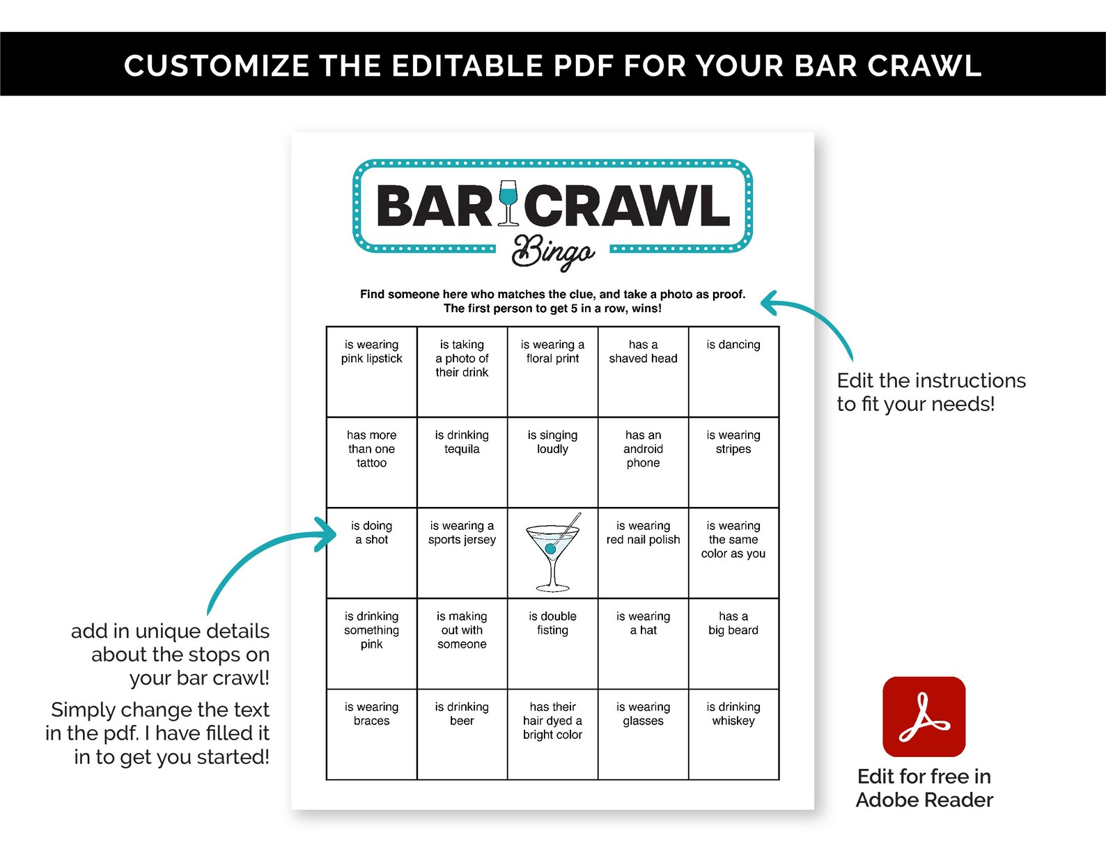Editable Bar Crawl Bingo, Printable Bar Hopping Game for a Birthday Bar ...
