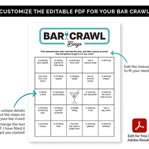 Editable Bar Crawl Bingo, Printable Bar Hopping Game for a Birthday Bar ...