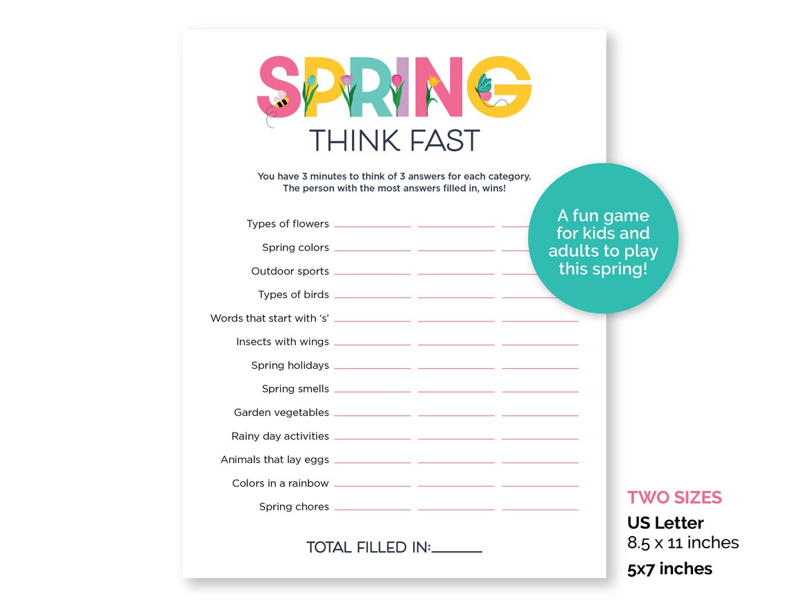Spring Think Fast Game, Printable Quick Think Spring Party Game for ...