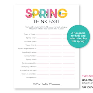 Spring Think Fast Game, Printable Quick Think Spring Party Game for ...