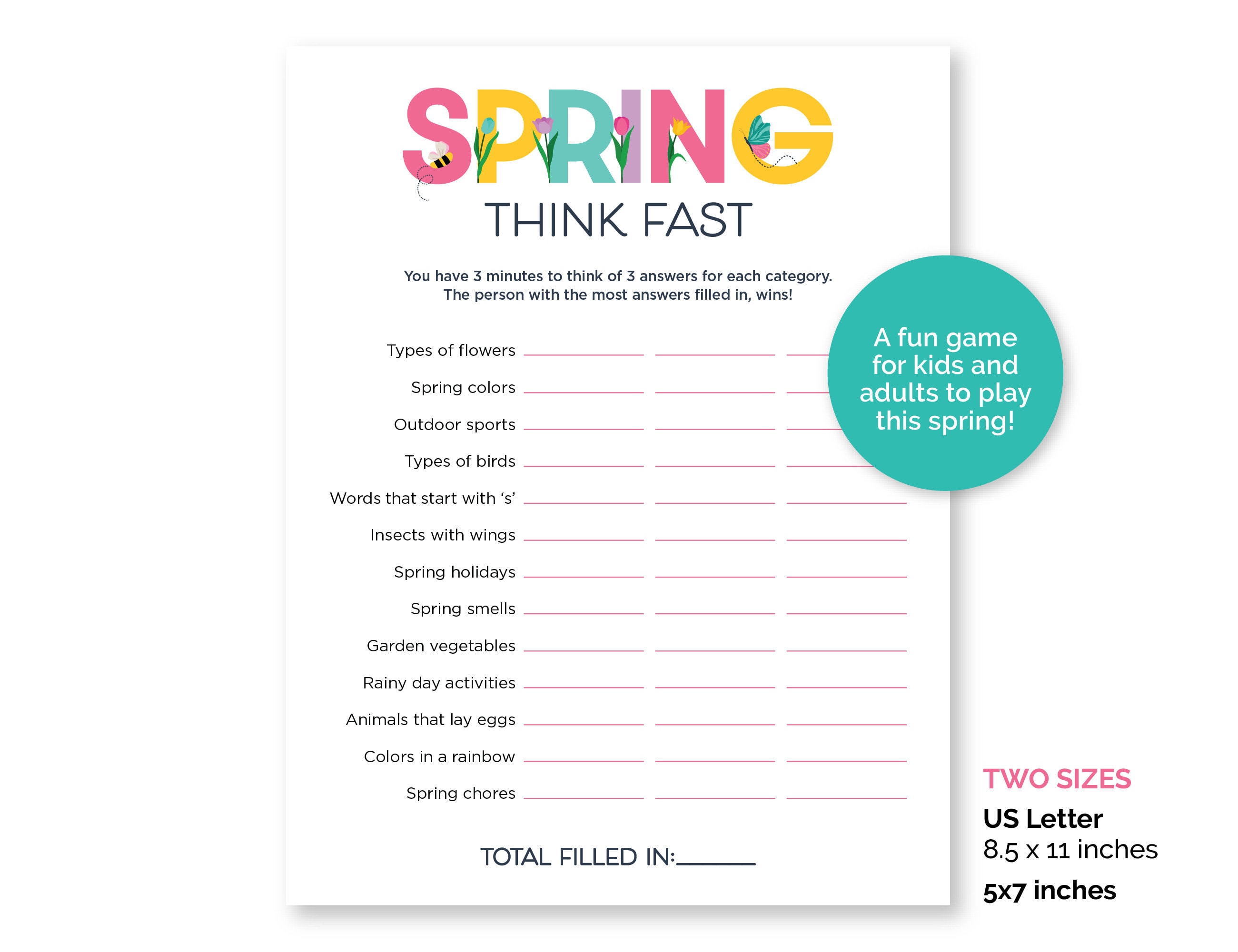 Spring Think Fast Game, Printable Quick Think Spring Party Game for ...