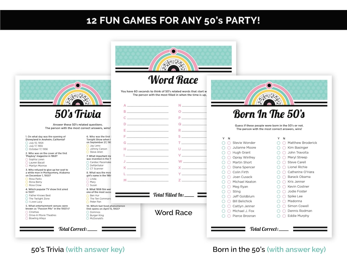 50s Party Games, Printable Games Bundle for a 50s Themed Party, Back to ...