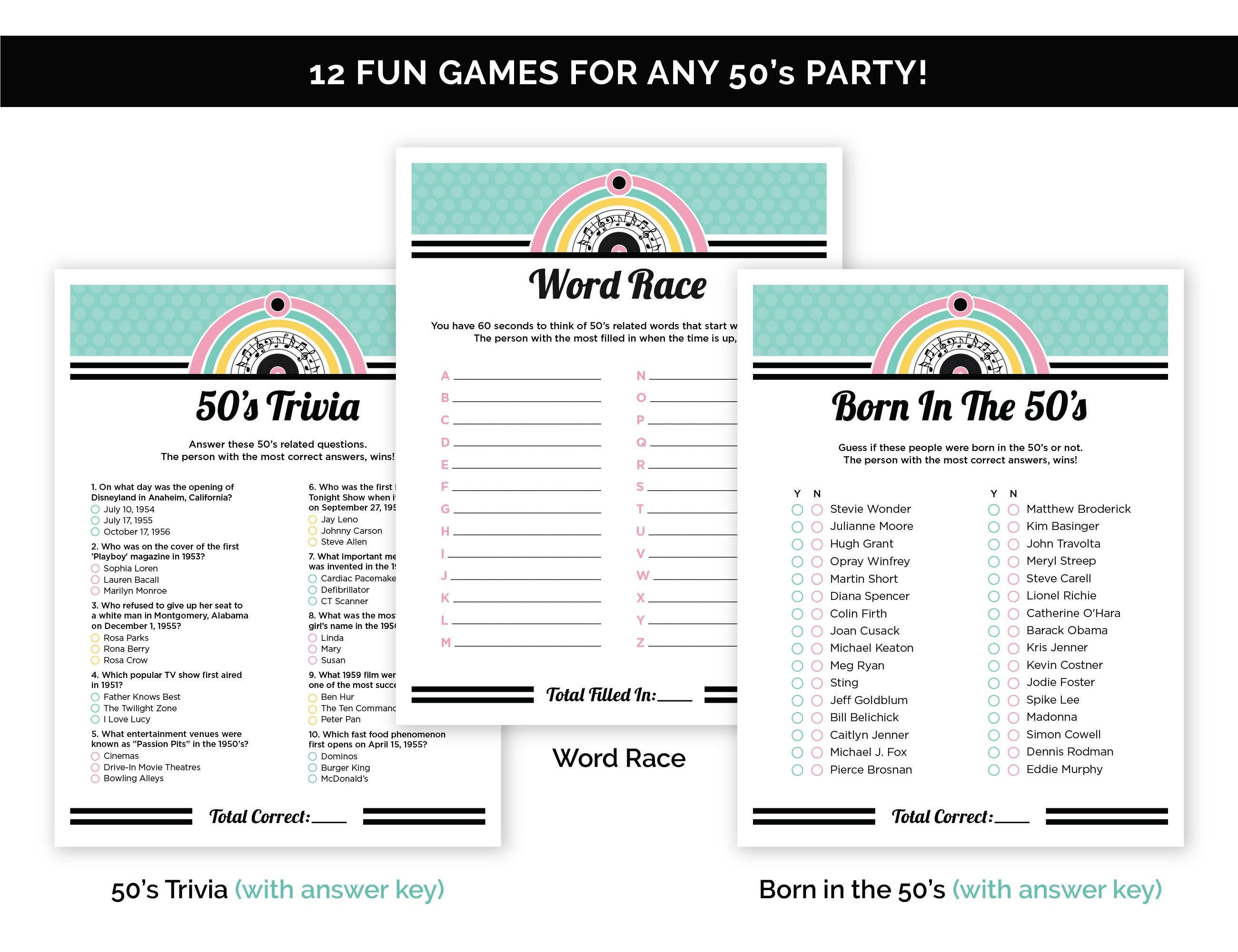 50s Party Games, Printable Games Bundle for a 50s Themed Party, Back to ...
