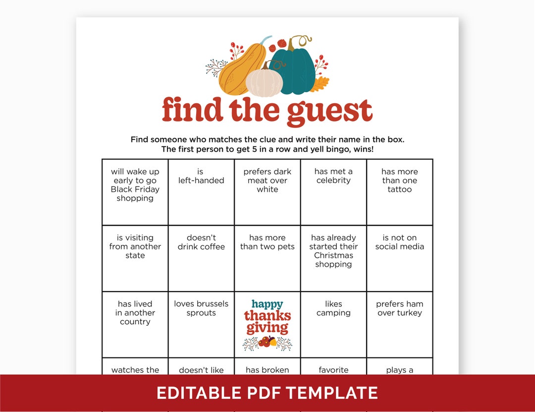 Editable Thanksgiving Find the Guest Bingo Game, Thanksgiving Party ...