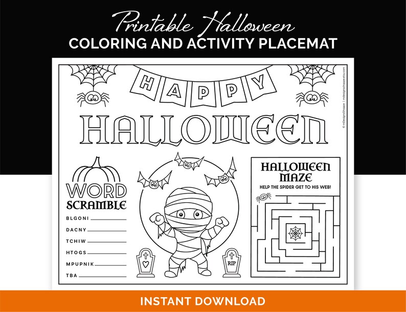 Halloween Coloring and Activity Page, Printable Kids Halloween Placemat ...