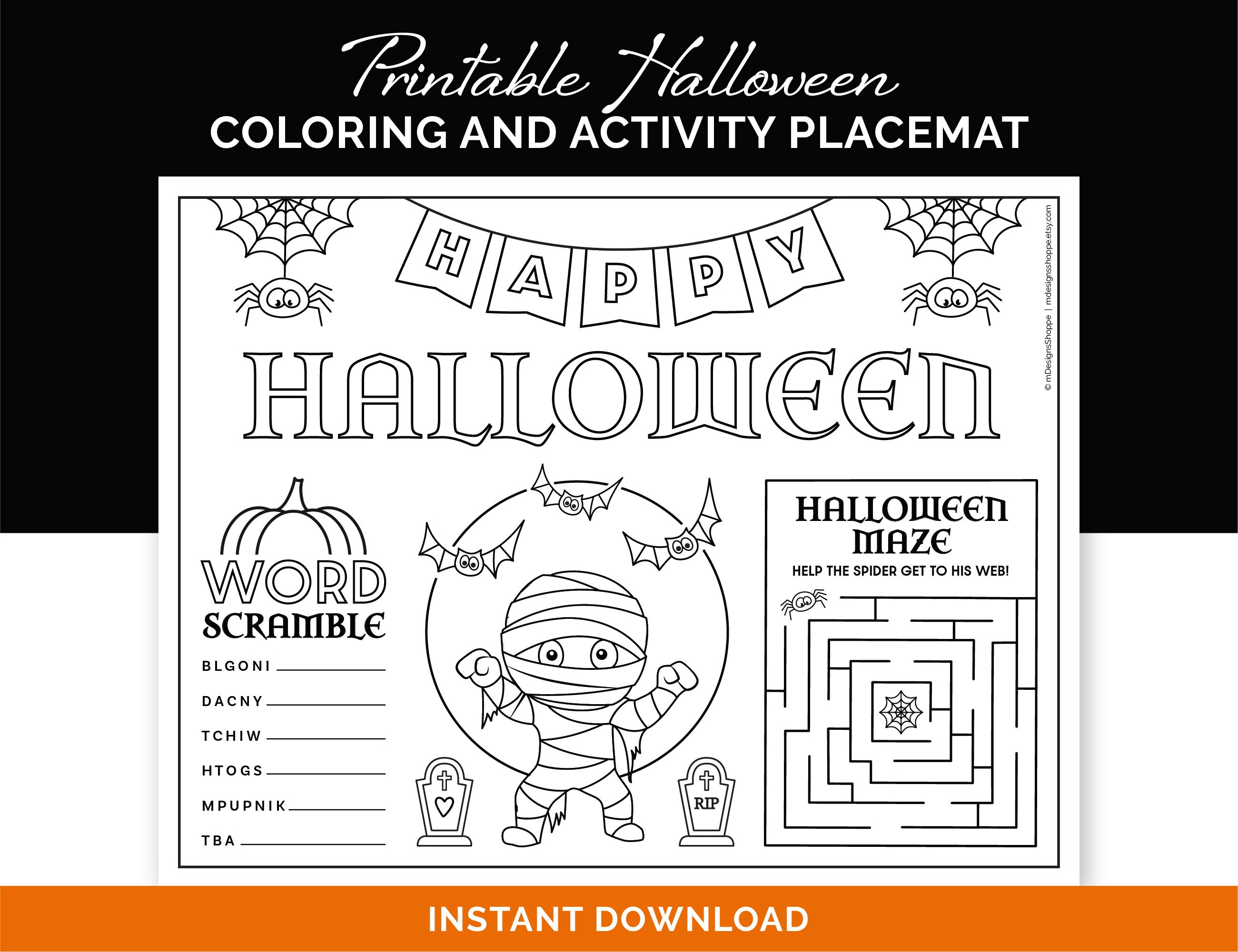 Halloween Coloring and Activity Page, Printable Kids Halloween Placemat ...