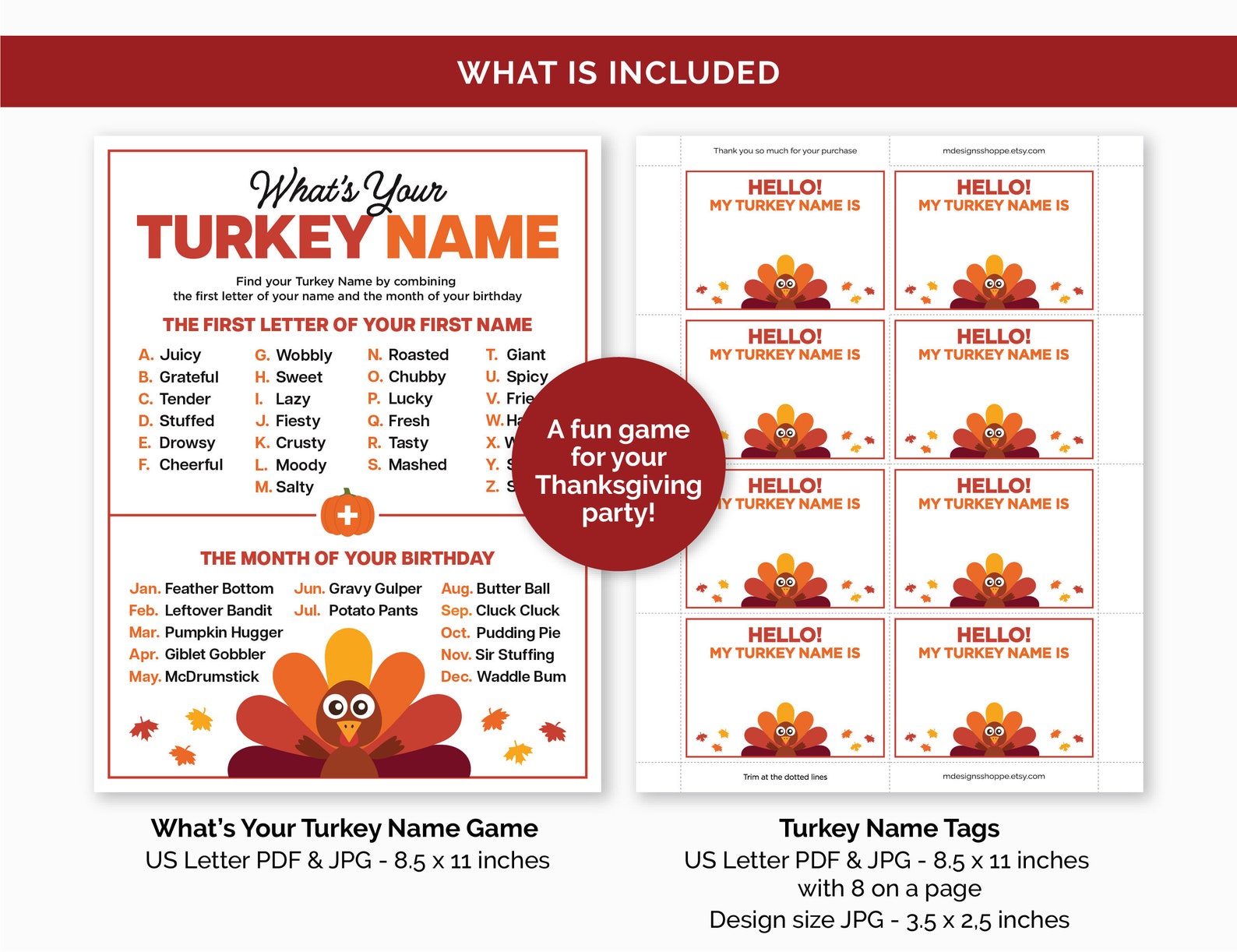 What's Your Turkey Name Game, Printable Thanksgiving Party Game for ...