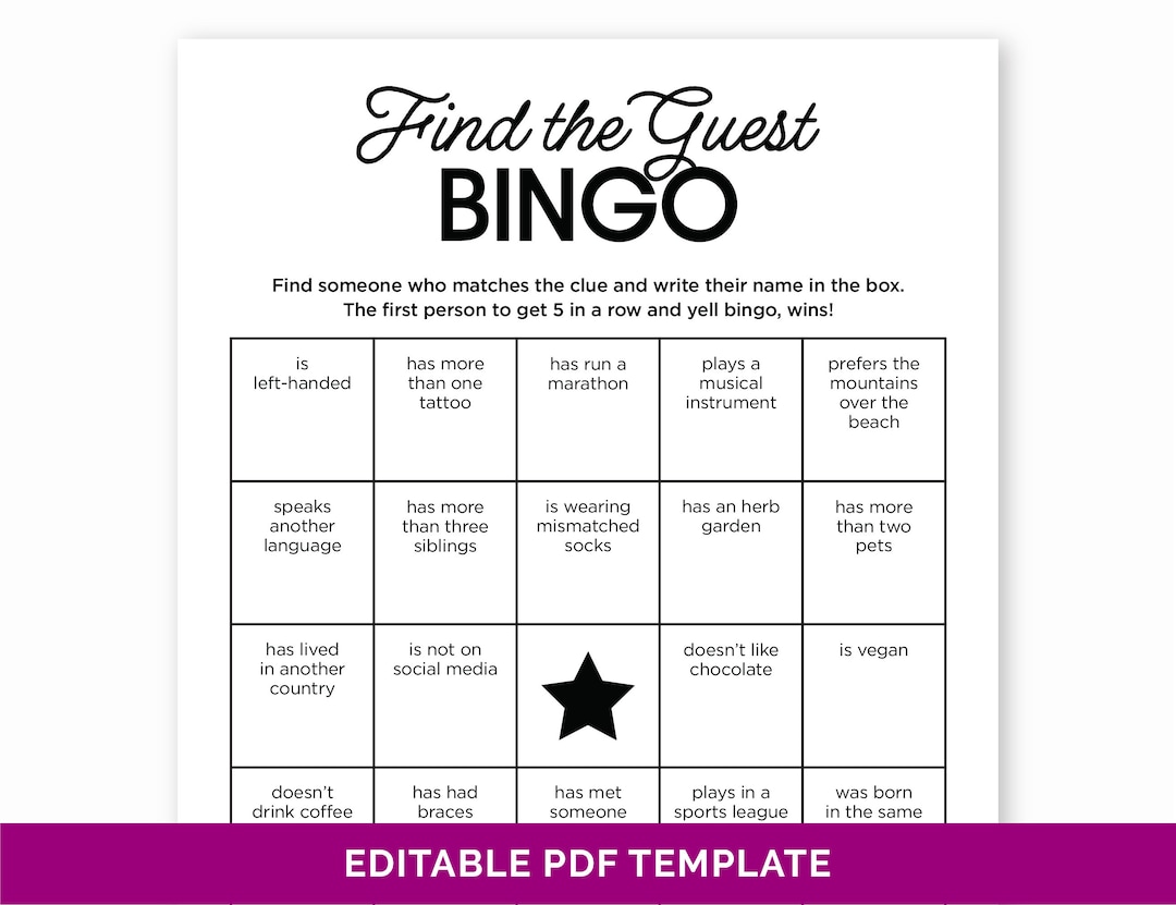 Editable Find the Guest Bingo, Icebreaker Game for Parties, Find ...