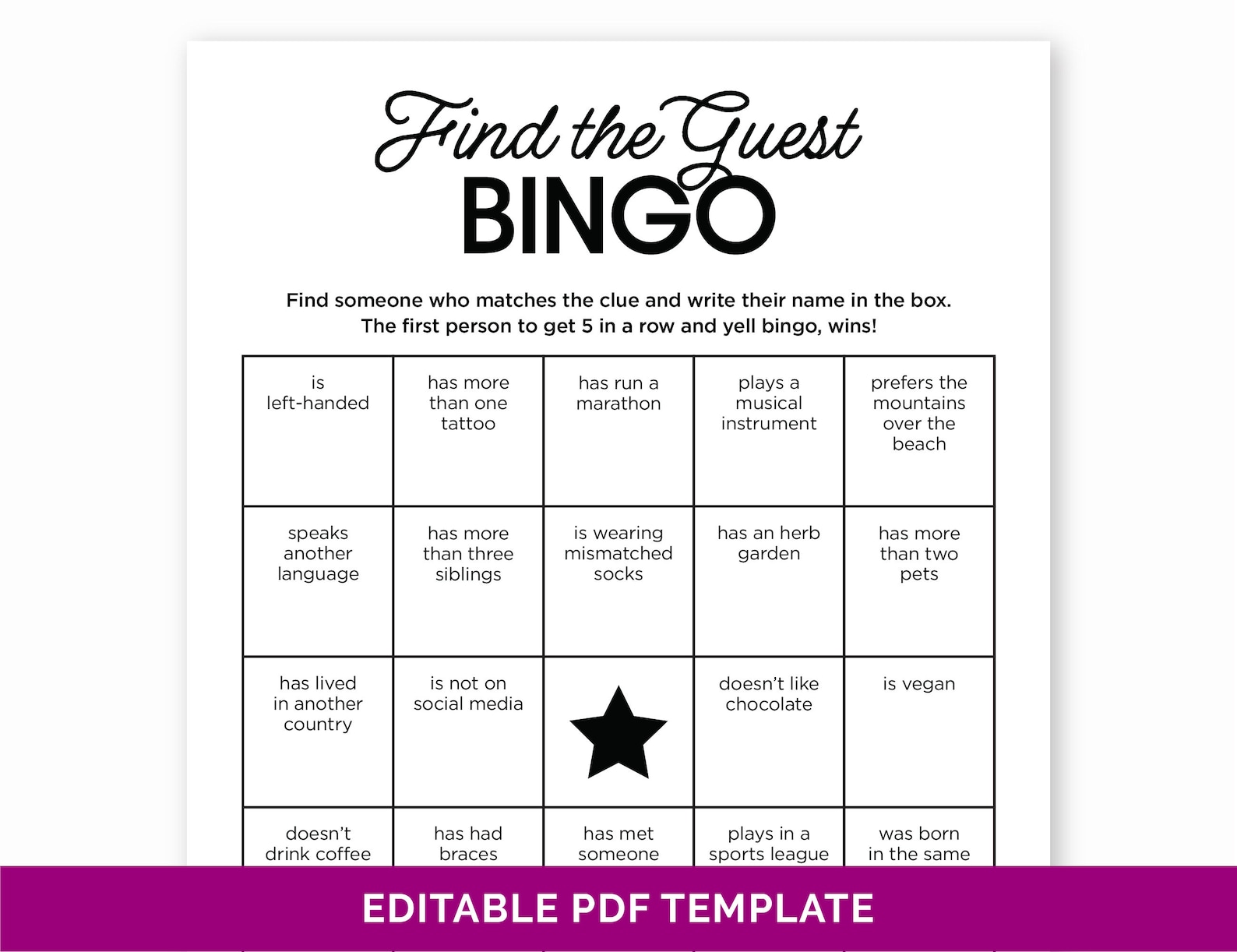 Editable Find the Guest Bingo, Icebreaker Game for Parties, Find ...