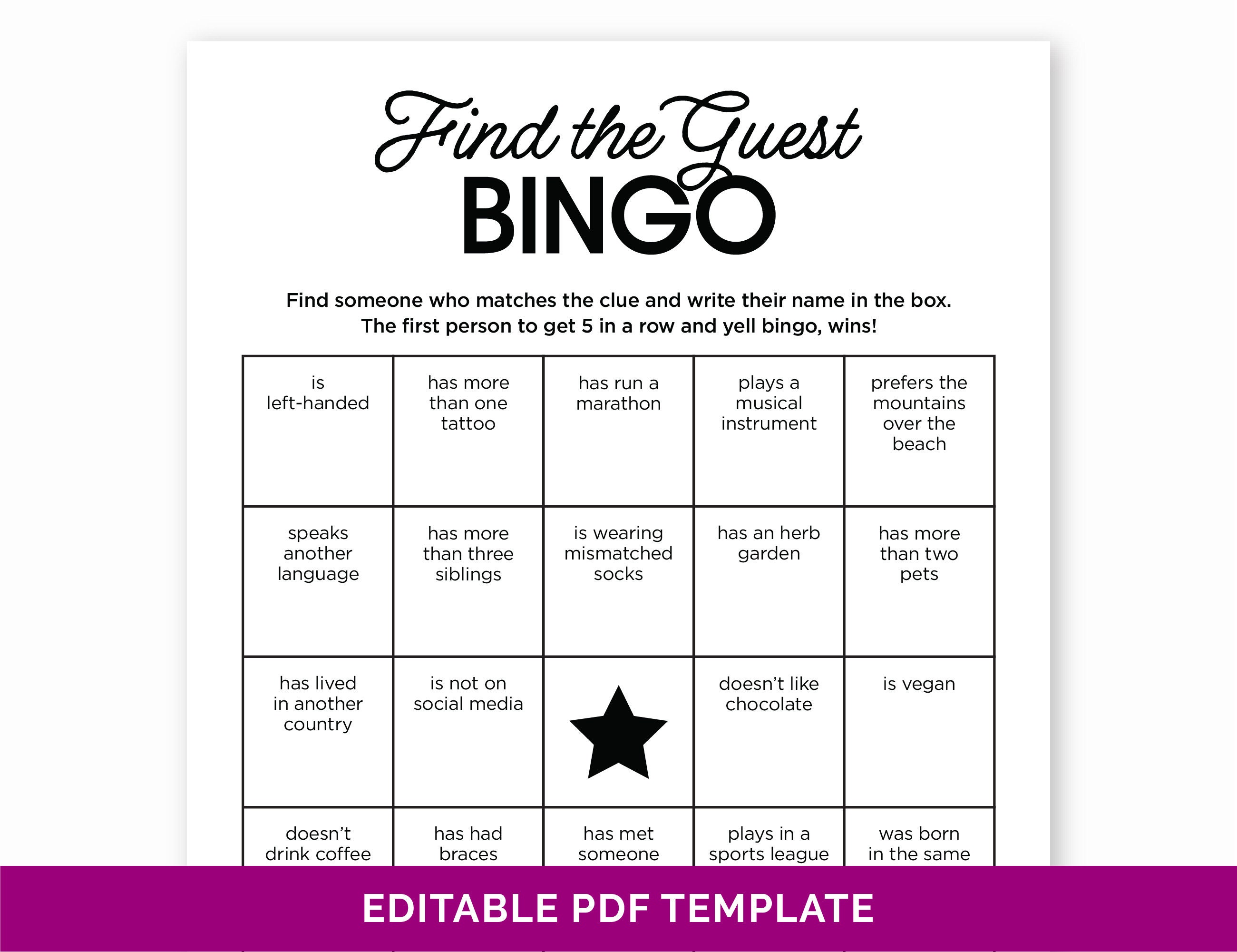 Editable Find the Guest Bingo, Icebreaker Game for Parties, Find ...