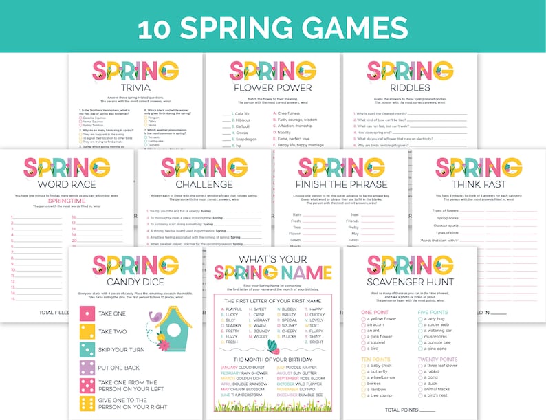 Spring Games Bundle, Printable Spring Party Games for Kids, Teens and ...