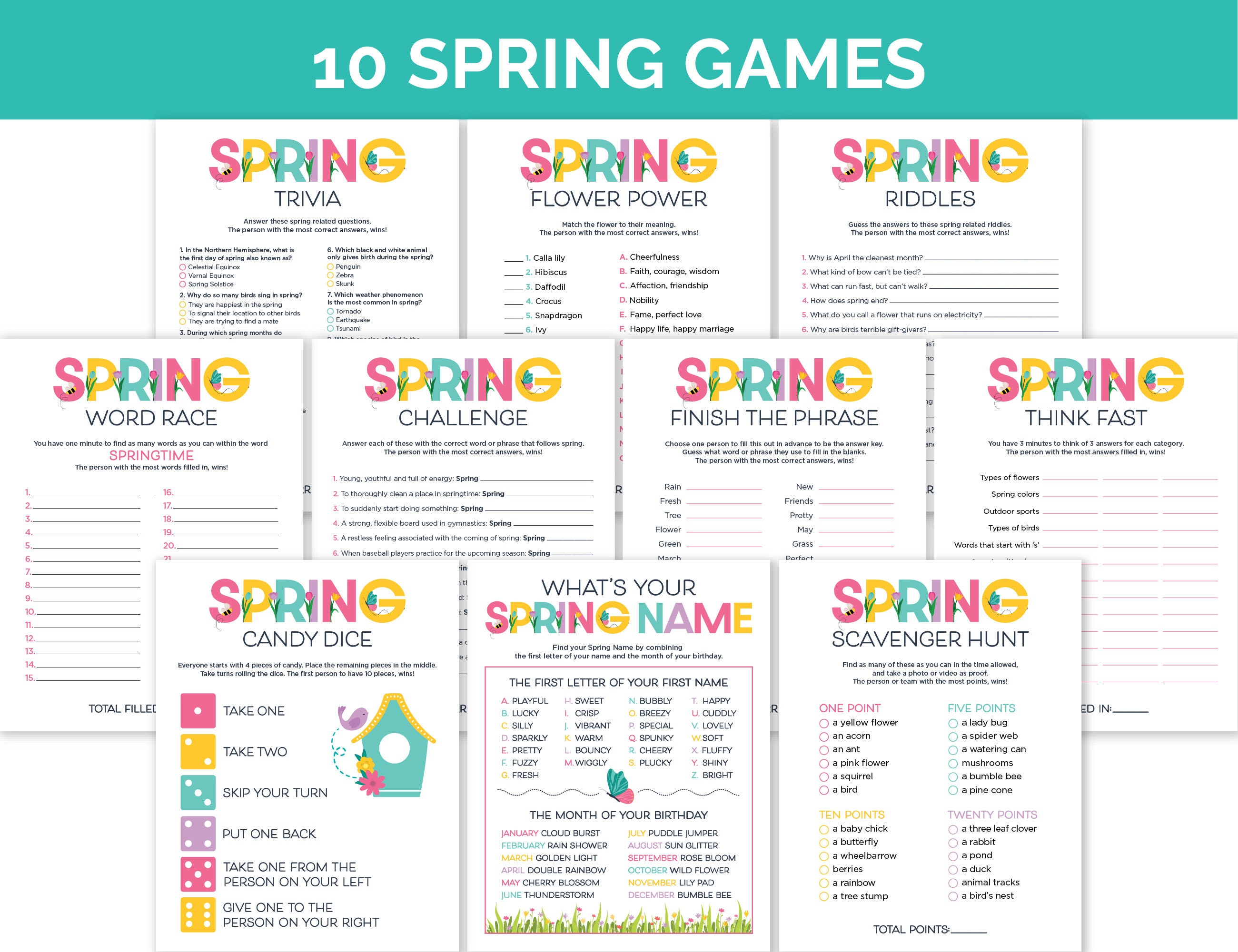 Spring Games Bundle, Printable Spring Party Games for Kids, Teens and ...