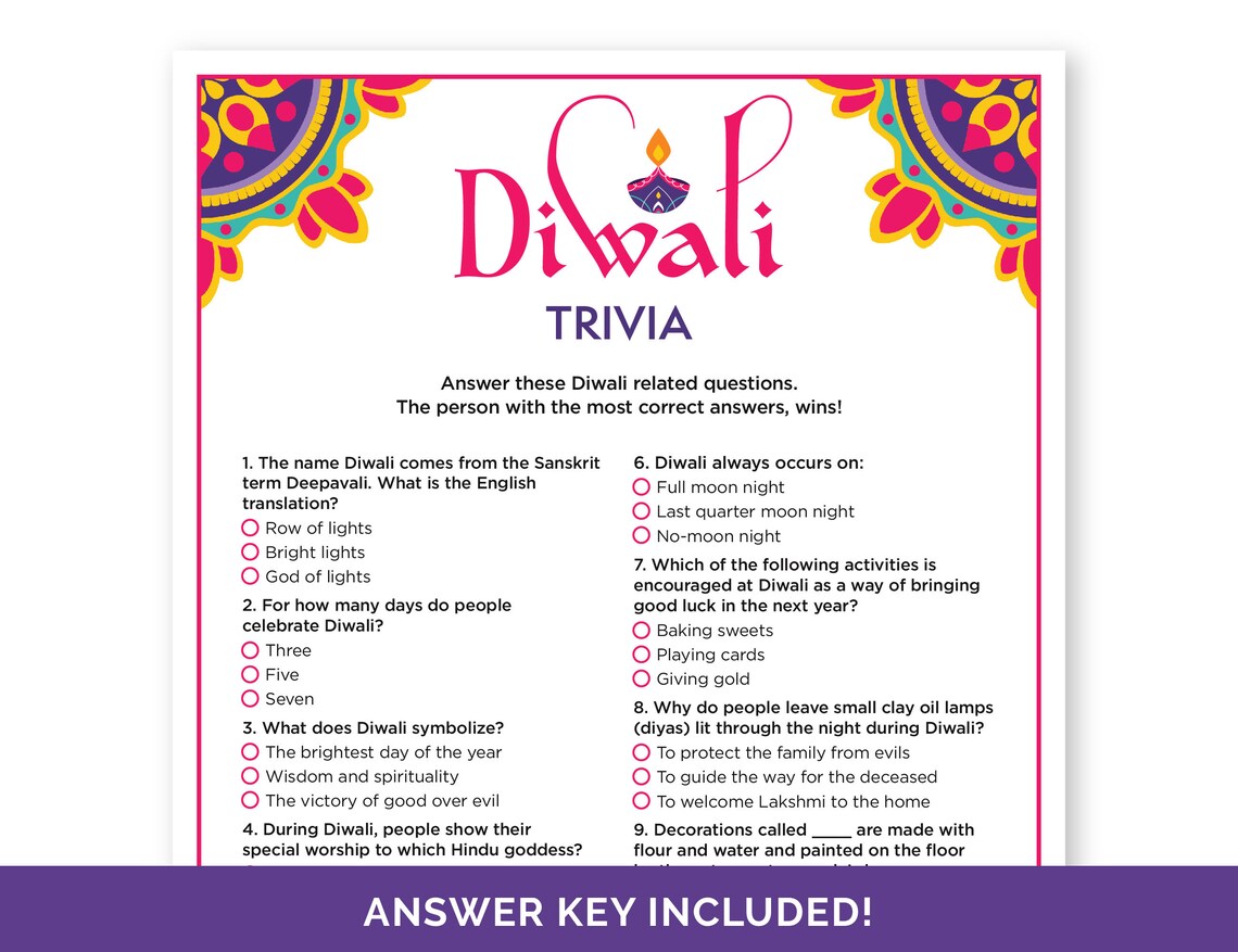 Diwali Trivia Game, Printable Quiz With Answers for a Diwali Party ...