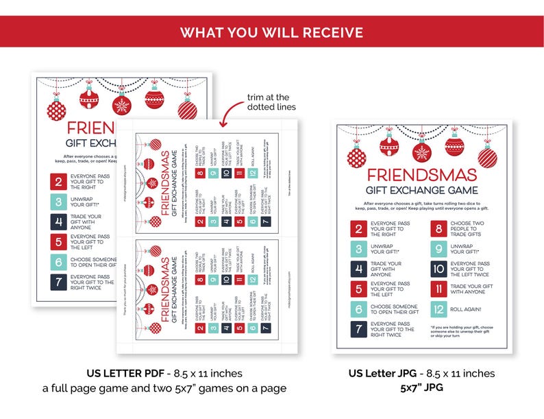 Friendsmas Gift Exchange Dice Game, Printable Holiday White Elephant ...