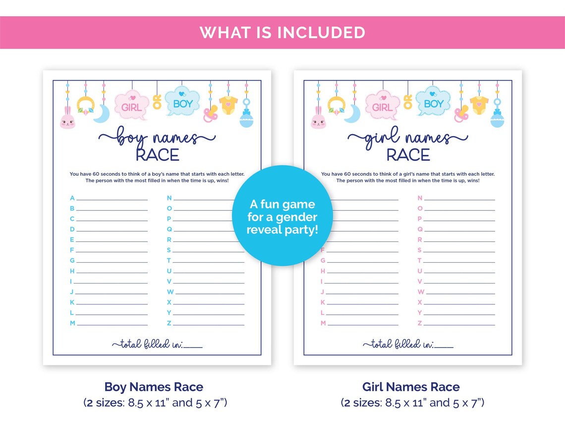 Baby Name Race Bundle, Printable Games for a Gender Reveal Party, A-Z ...