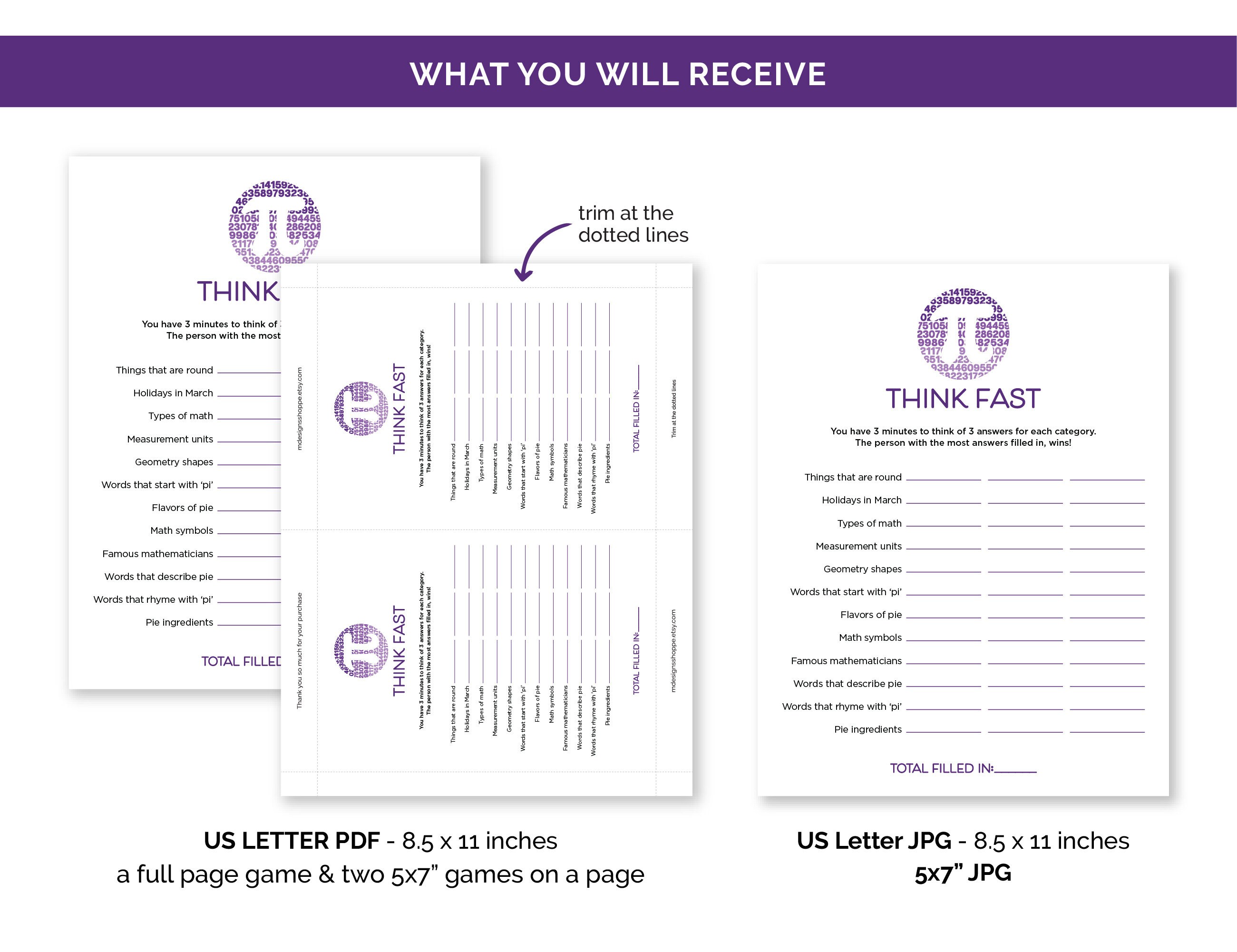 Pi Day Think Fast, Printable Quick Think Pi Day Party Game for Adults ...