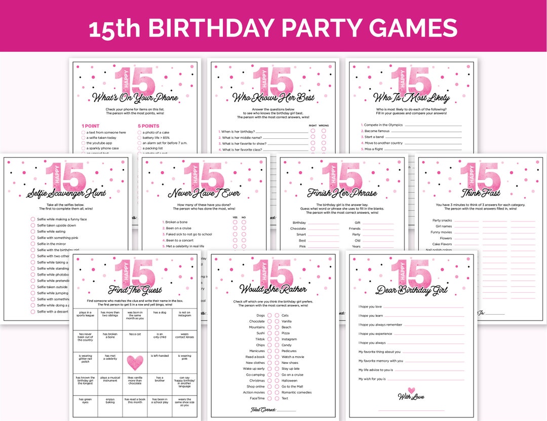 15th Birthday Party Games, Printable Game Bundle for a 15-year-old Girl ...