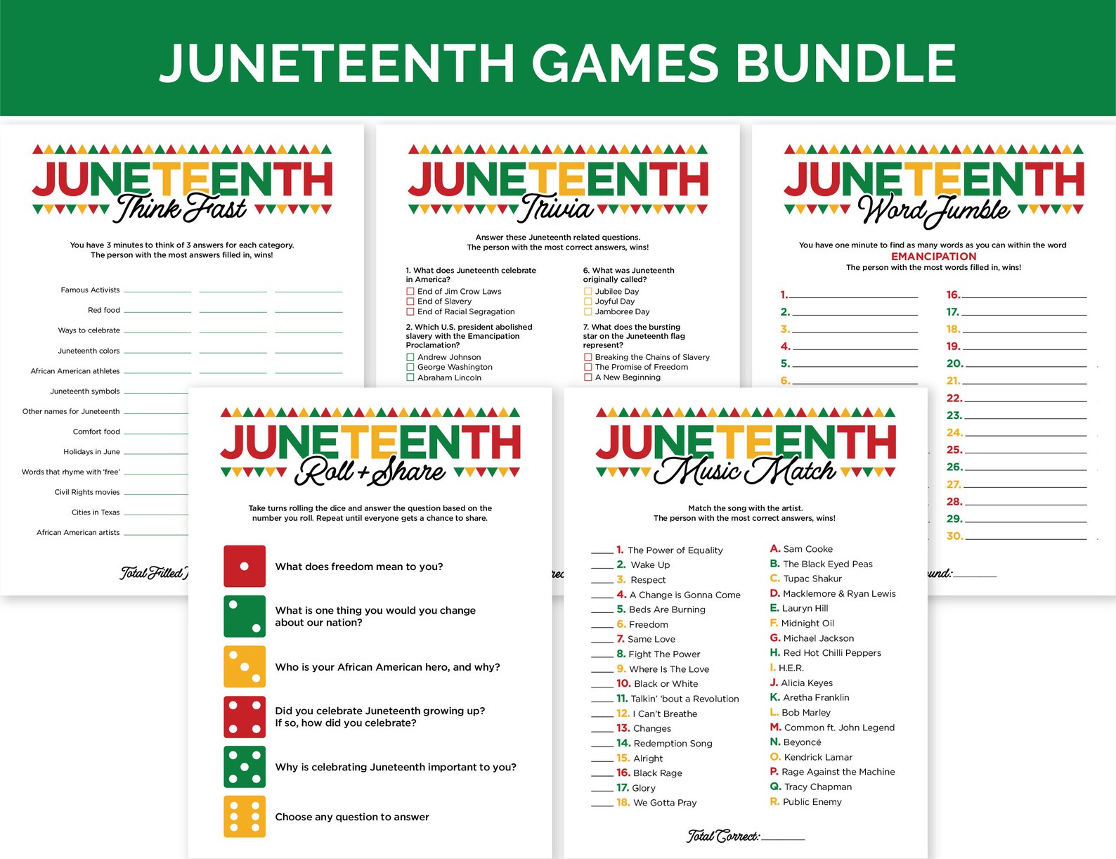 Juneteenth Games, Printable Game Bundle for Family or Classroom ...
