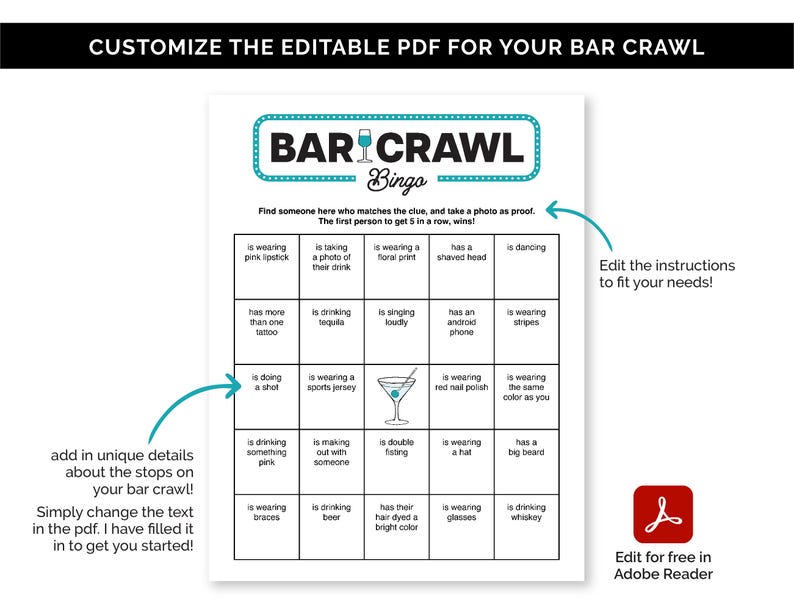Editable Bar Crawl Bingo, Printable Bar Hopping Game for a Birthday Bar ...