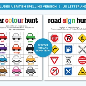Road Trip Scavenger Hunts for Kids, Printable Road Signs Game, Coloured ...