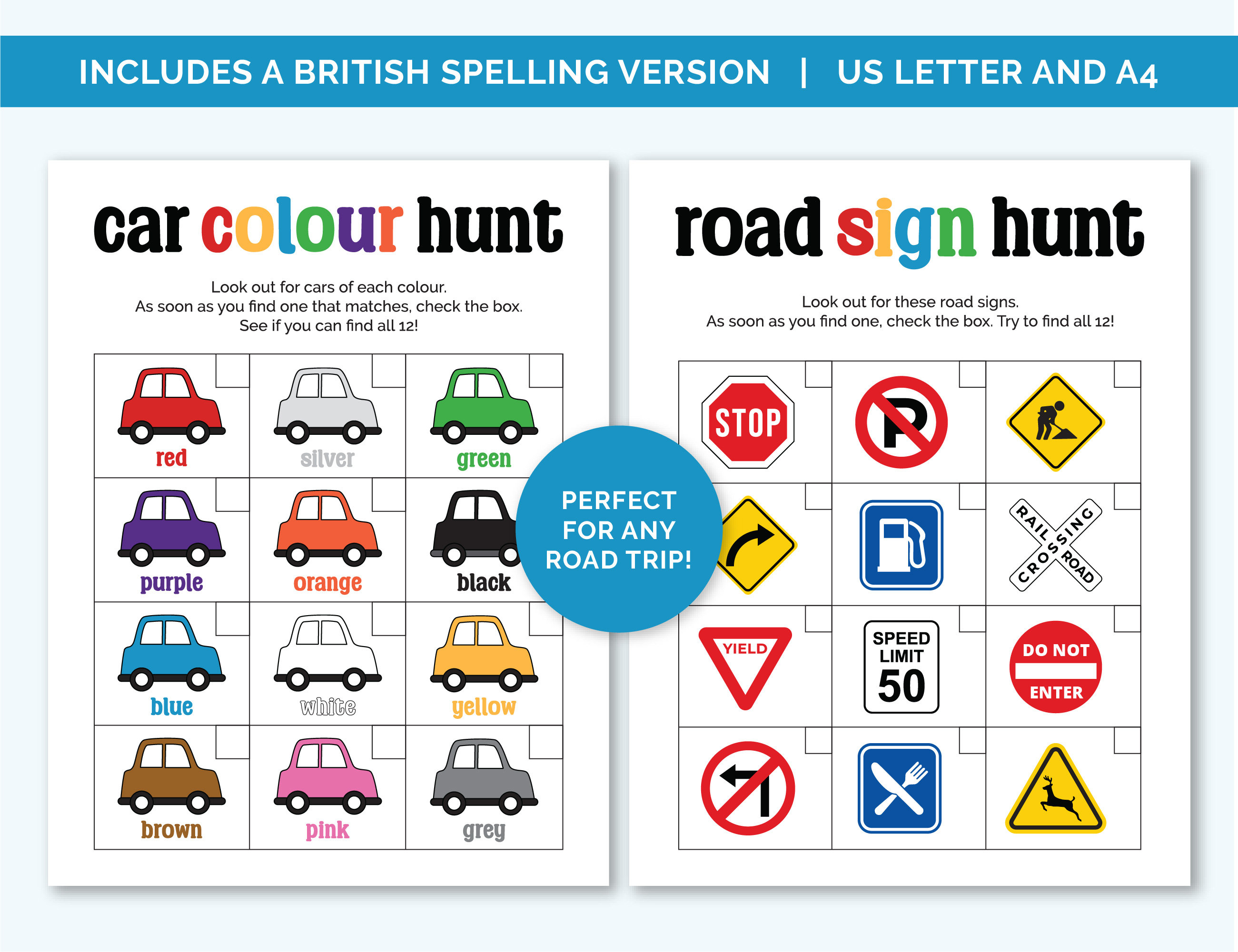 Road Trip Scavenger Hunts for Kids, Printable Road Signs Game, Coloured ...